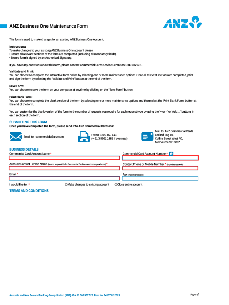 Fillable Online ANZ Business One Maintenance Request Form. ANZ Business ...