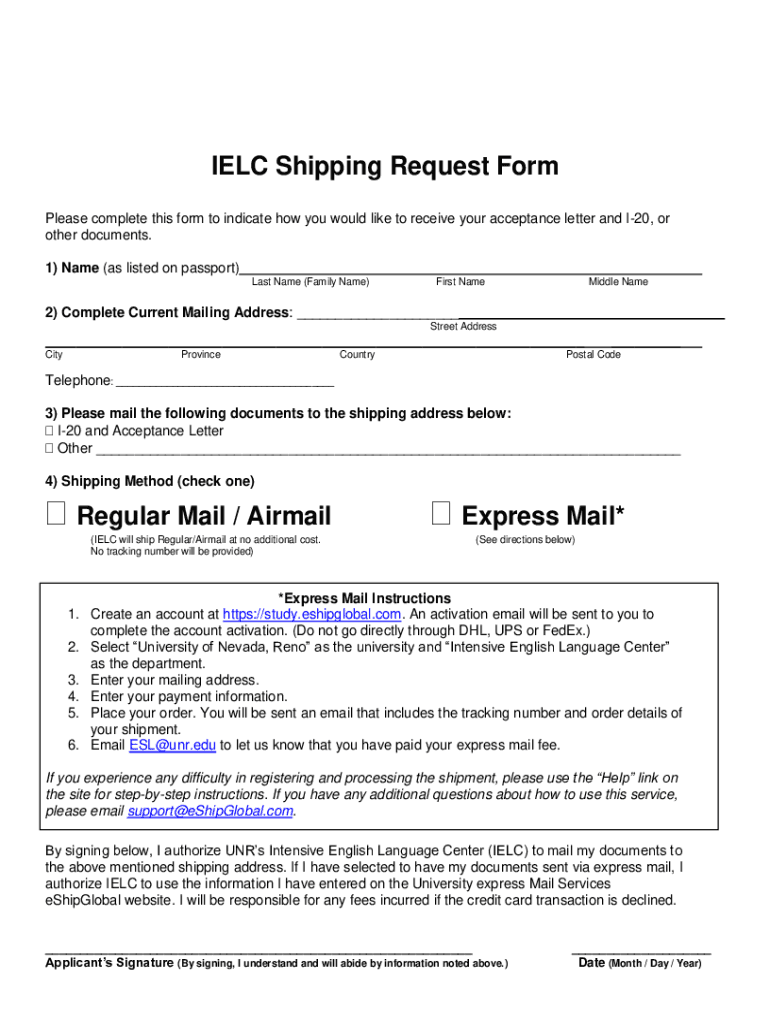 Fillable Online IELC Shipping Request Form - University of Nevada Reno ...