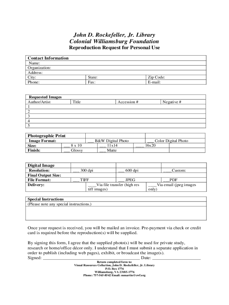 Fillable Online John D. Rockefeller, Jr. Library Colonial Williamsburg ...