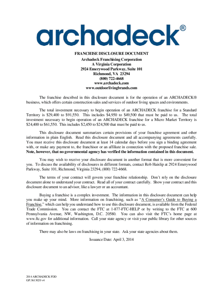 Fillable Online FRANCHISE DISCLOSURE DOCUMENT Archadeck ... Fax Email ...