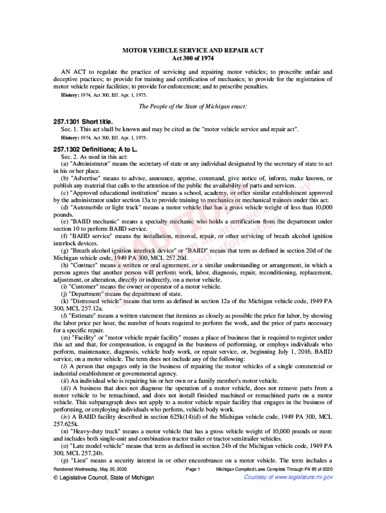 Fillable Online legislature mi Act 300 of 1974 - MOTOR VEHICLE SERVICE AND ... Fax Email Print ...