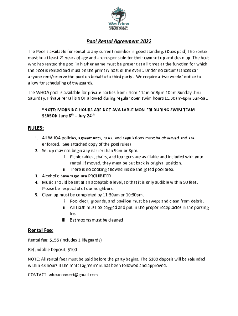 Fillable Online Pool Rental Agreement 2022 Fax Email Print - pdfFiller