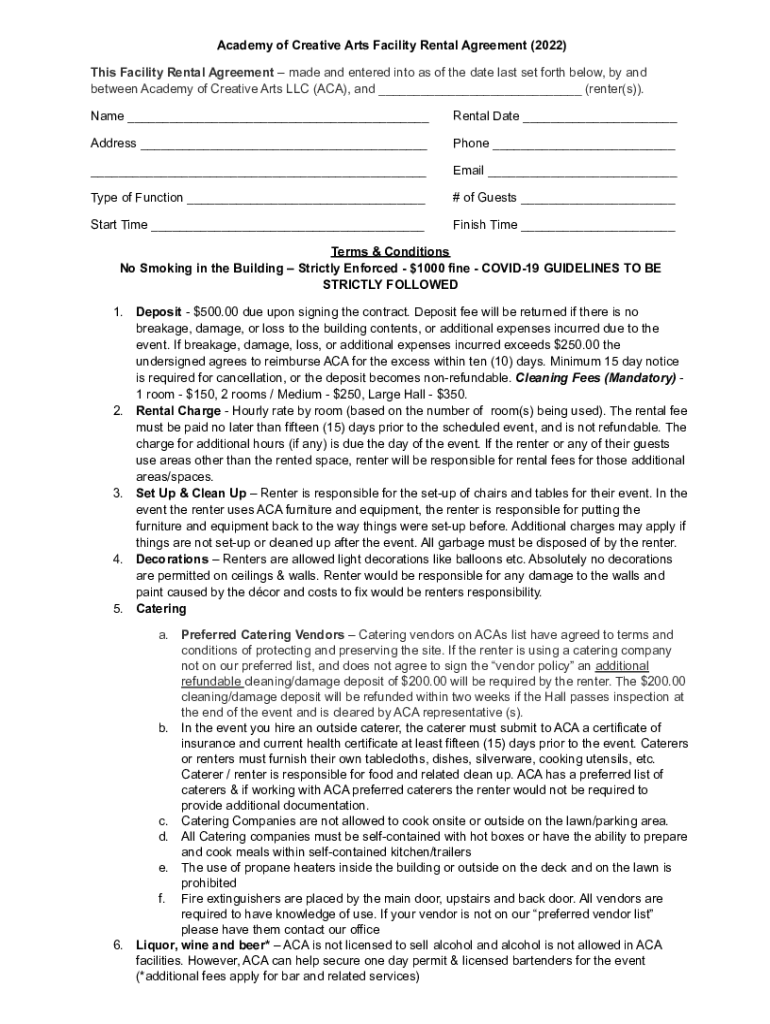 Fillable Online ACA Facility Rental Agreement 2022 Fax Email Print ...
