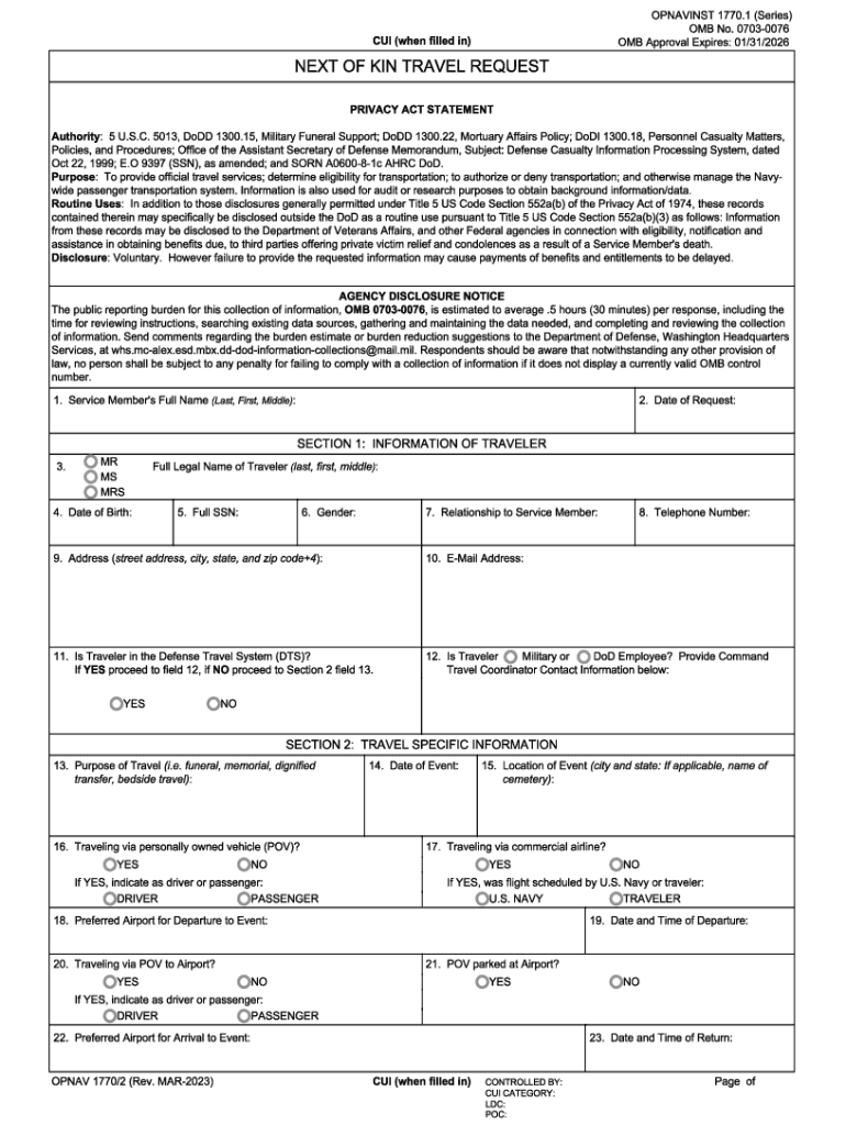 Fillable Online OPNAV 1770/2 (REV JAN 2023) NEXT OF KIN TRAVEL REQUEST ...