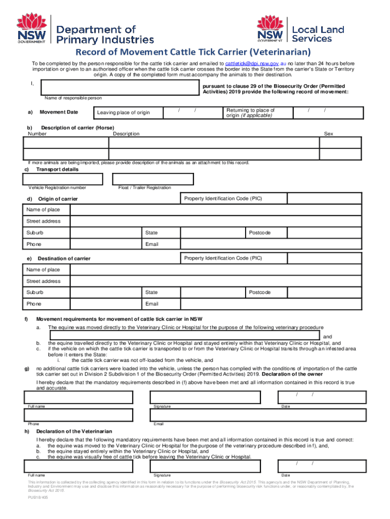 Fillable Online Record of Movement Cattle Tick Carrier (Feedlot or ...
