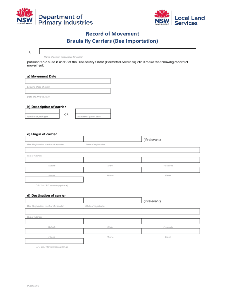 Fillable Online Record of Movement Braula fly Carriers (Bee Importation ...