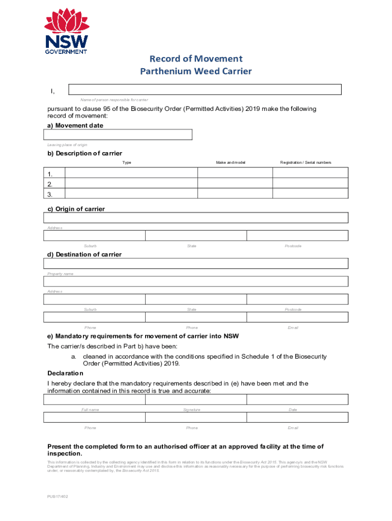 Fillable Online Record of Movement - Parthenium Weed Carrier Fax Email ...