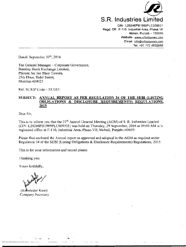 Fillable Online S R INDUSTRIES LIMITED Company Profile Fax Email Print ...