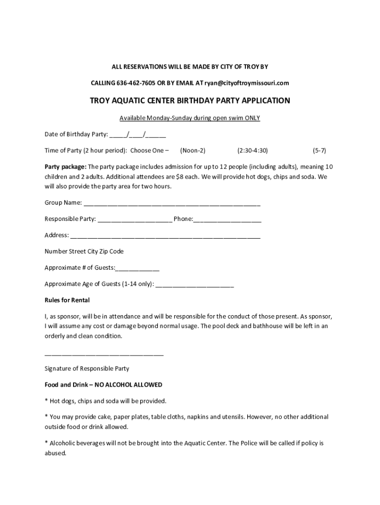 Fillable Online TROY AQUATIC CENTER BIRTHDAY PARTY APPLICATION Fax ...