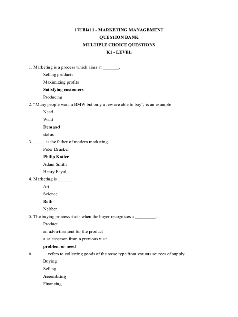 Fillable Online LEVEL 1. Marketing is a process which aims at Fax Email ...