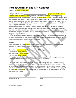 Parent-Guardian and Girl Agreement for Trips Doc Template | pdfFiller