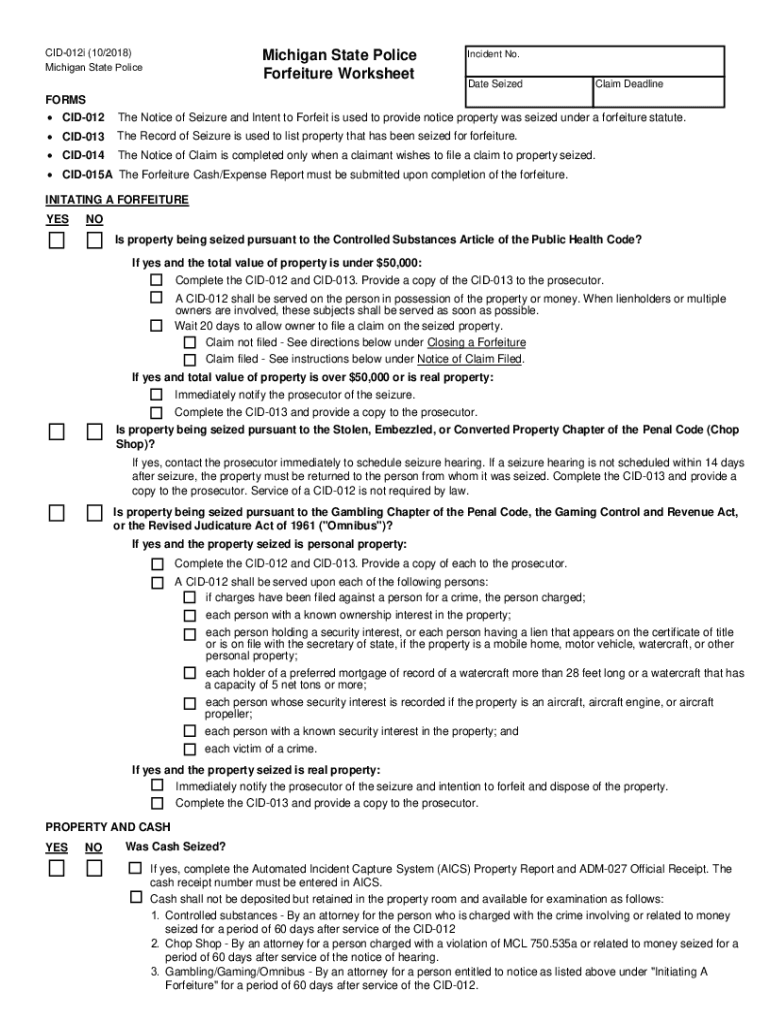 Fillable Online CIS-012i Forfeiture Worksheet. Michigan State Police CIS-012i Forfeiture ...