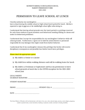 Fillable Online PERMISSION TO LEAVE SCHOOL AT LUNCH Fax Email Print ...