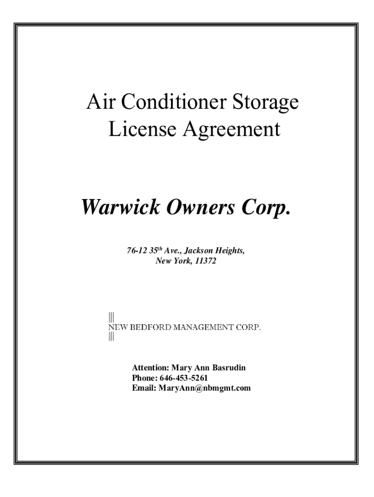 Fillable Online Air Conditioner Storage License Agreement Warwick ...