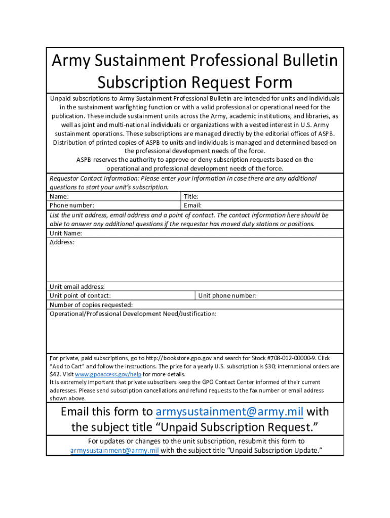 Fillable Online Army Sustainment Professional Bulletin Subscription ...