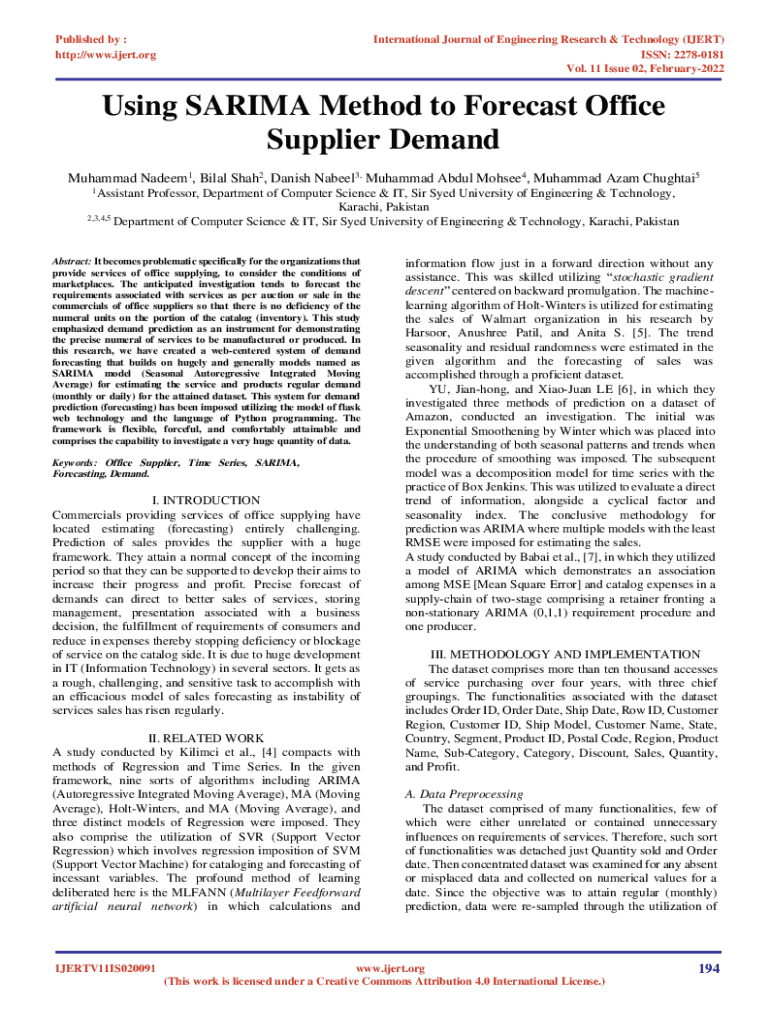 Fillable Online Using SARIMA Method to Forecast Office Supplier Demand. Computer Science Fax ...