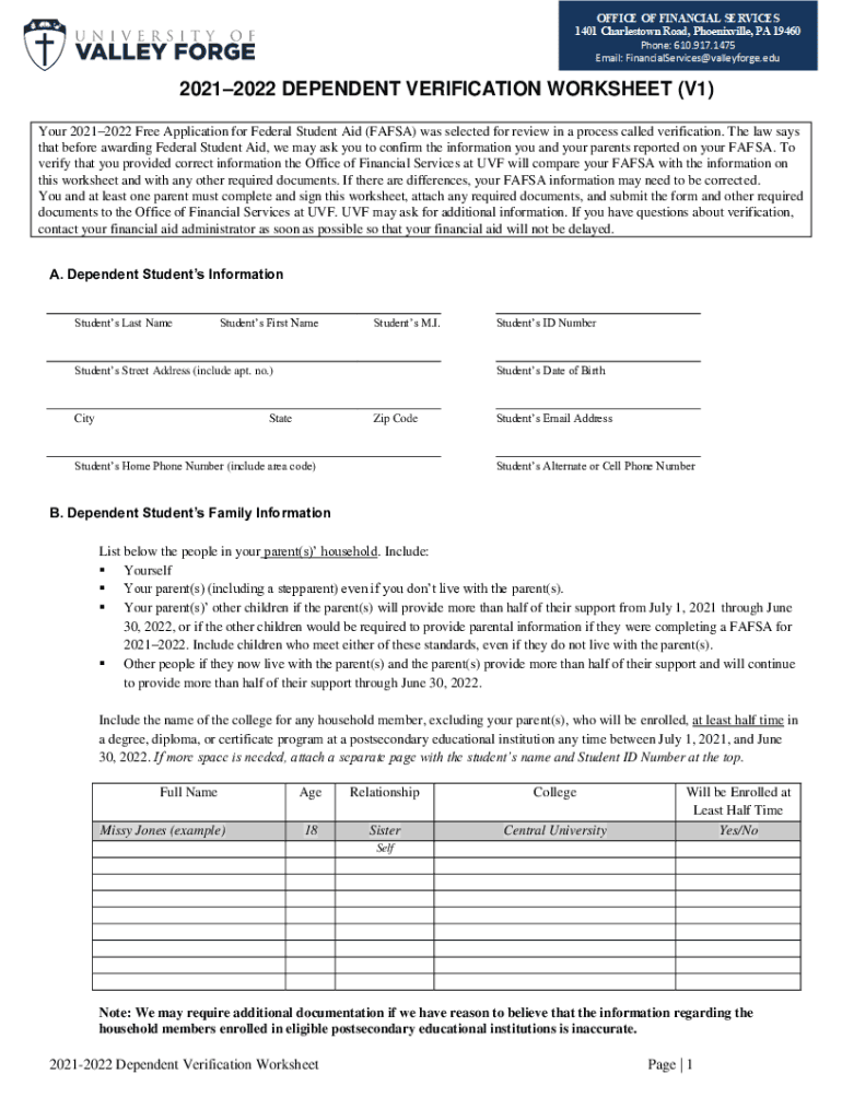 Fillable Online Dependent Verification Worksheet (V1) 2021-2022 Call 1- ... Fax Email Print ...