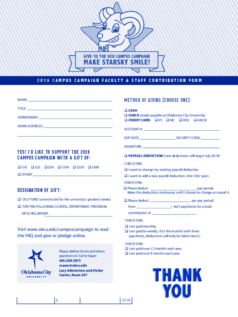 Fillable Online 2 0 1 9 c ampus campaign faculty & staff contribution ...