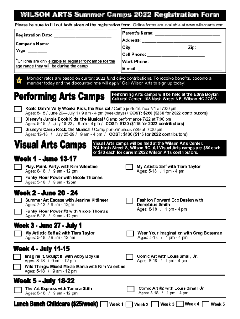 Fillable Online WILSON ARTS Summer Camps 2022 Registration Form Fax Email Print - pdfFiller