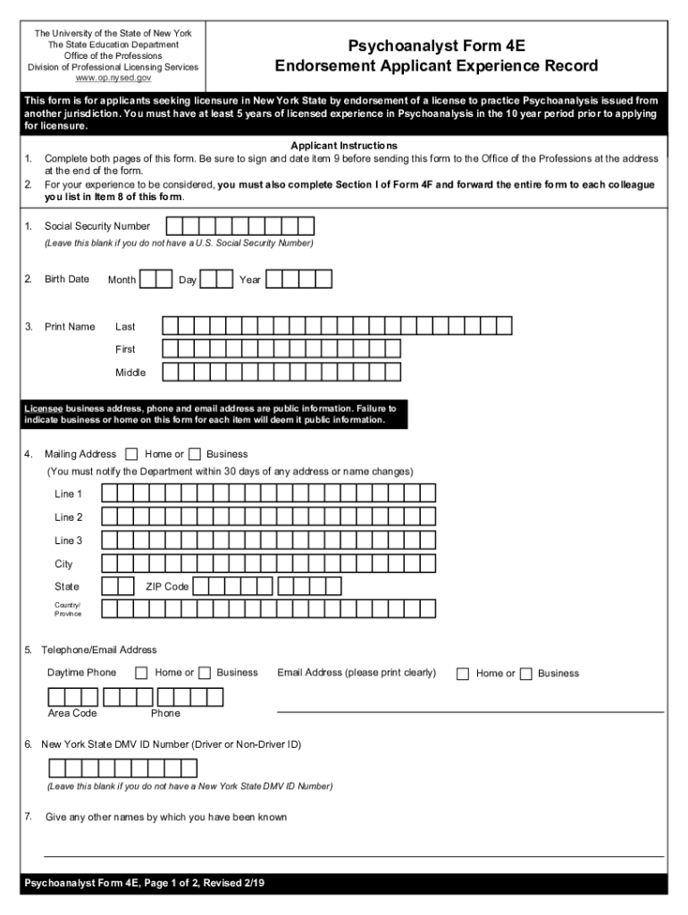 Fillable Online Psychoanalyst Form 4E. Endorsement Applicant Experience ...