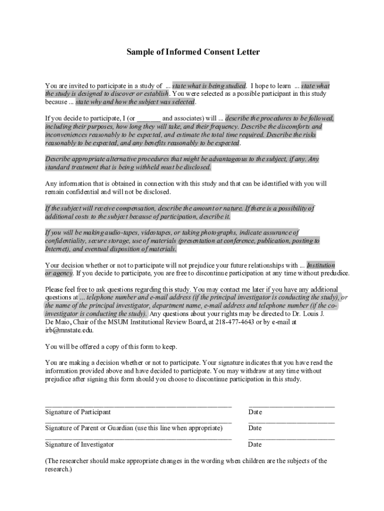 Fillable Online web mnstate Sample Informed Consent Letter Fax Email ...