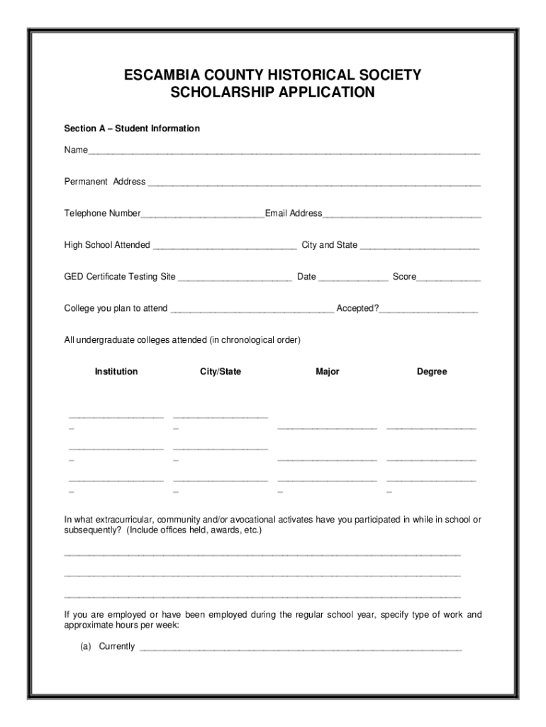 Fillable Online escambia county historical society scholarship application Fax Email Print ...