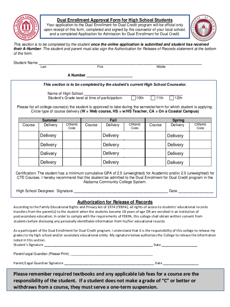 Fillable Online Dual Enrollment Approval Form for High School Students ...