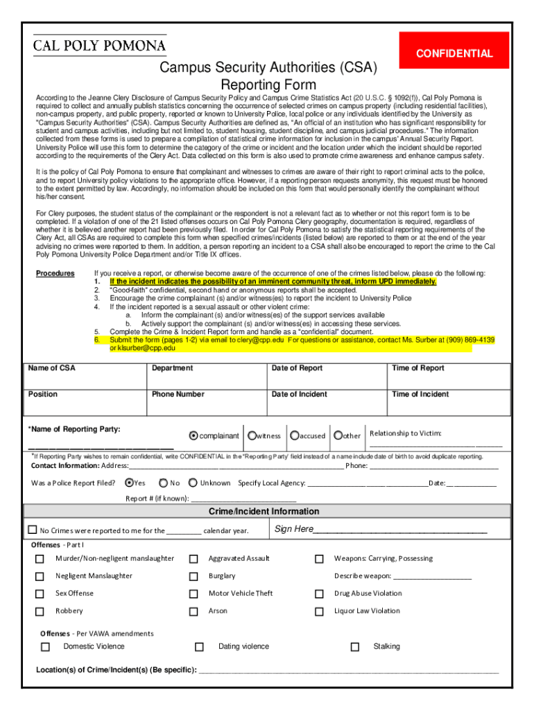 Fillable Online Campus Security Authority Reporting FormUniversity Police Fax Email Print ...