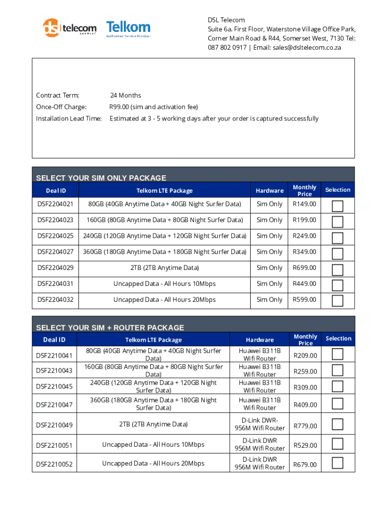 Fillable Online DSL Telecom - Somerset West, South Africa Fax Email ...
