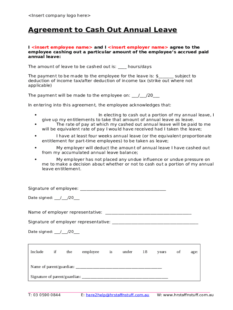 Agreement to Cash Out Annual Leave Doc Template | pdfFiller