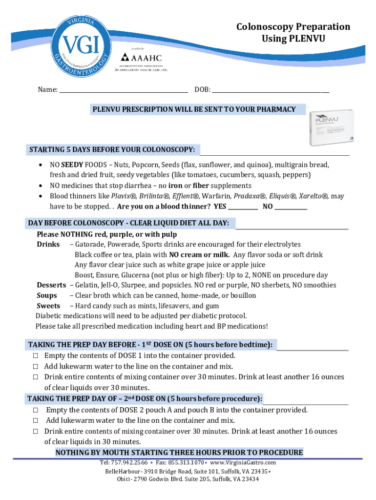 Fillable Online PLENVU COLONOSCOPY PREP INSTRUCTIONS revised ... Fax ...