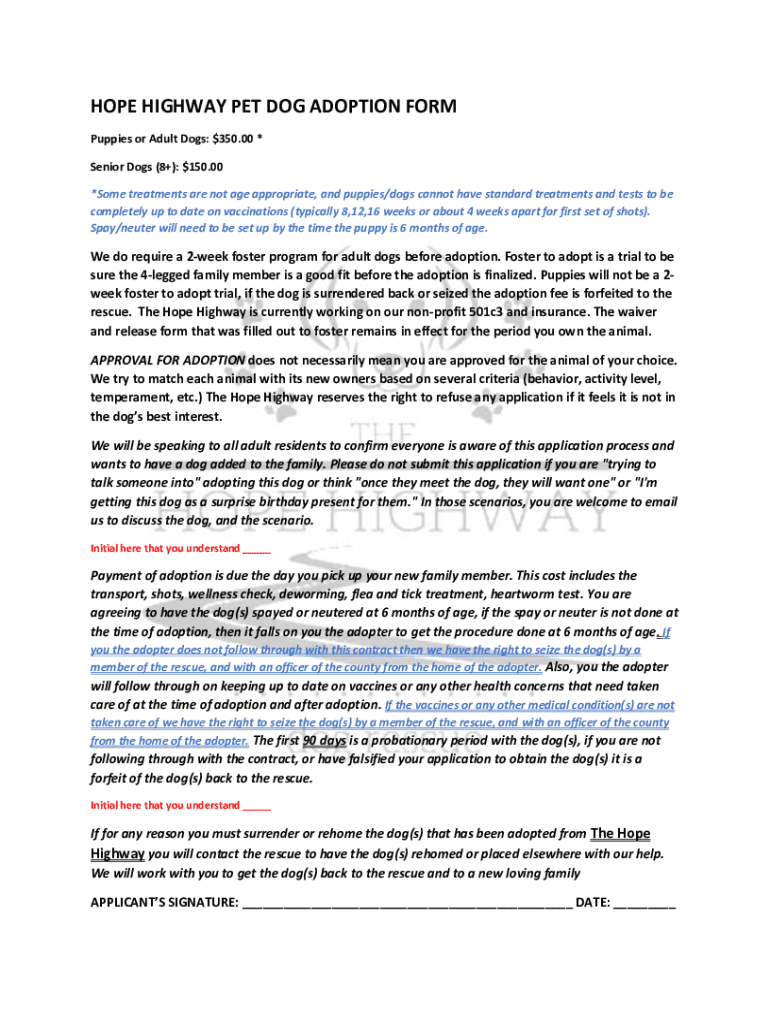 Fillable Online HOPE HIGHWAY PET DOG ADOPTION FORM Fax Email Print ...