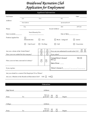 Fillable Online Braidwood Recreation Club Application for Employment ...
