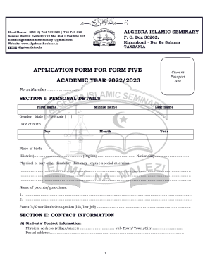 Fillable Online algebraschools ac APPLICATION FORM FOR FORM FIVE ...