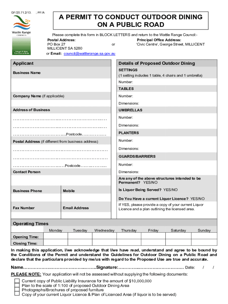 Fillable Online A PERMIT TO CONDUCT OUTDOOR DINING ON A ... Fax Email ...