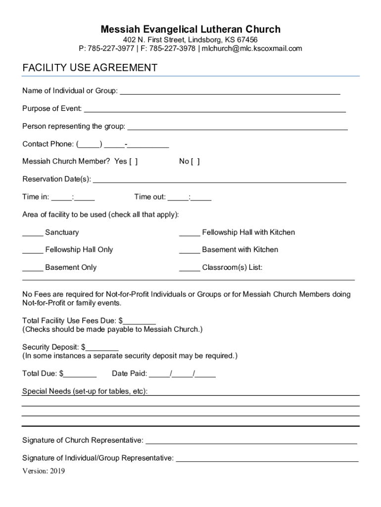 Fillable Online Messiah Evangelical Lutheran Church FACILITY USE ...