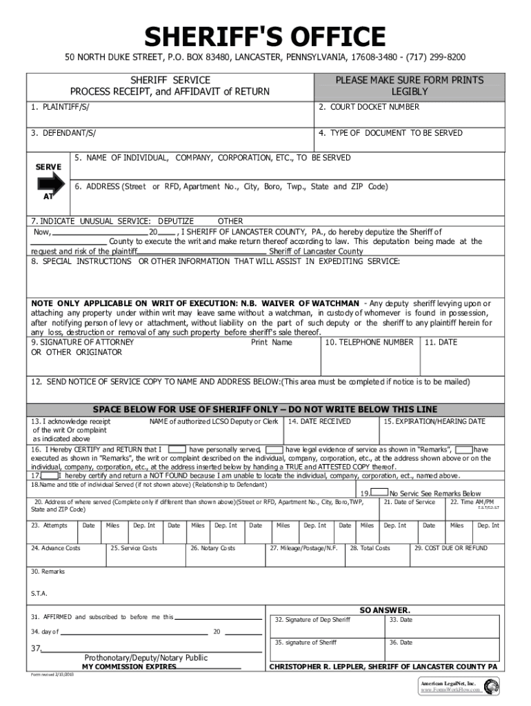 Fillable Online Sheriff Service Process Receipt and Affidavit Of Return ...