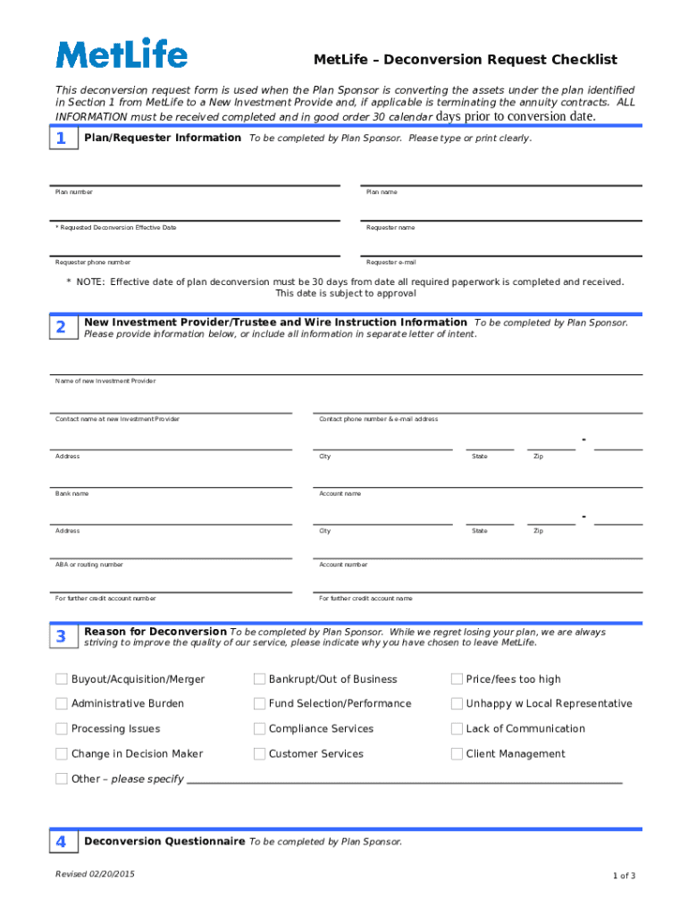MetLifeDeconversion Request Checklist Doc Template | pdfFiller