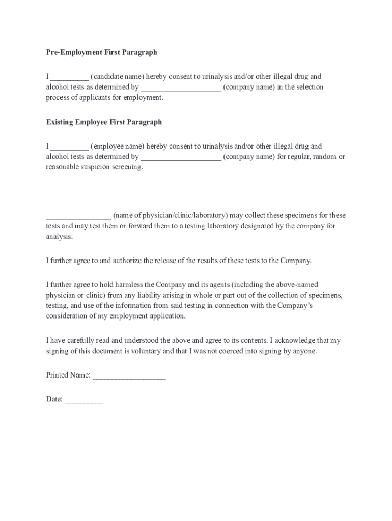 Fillable Online Drug Testing Consent Form Template Fax Email Print ...
