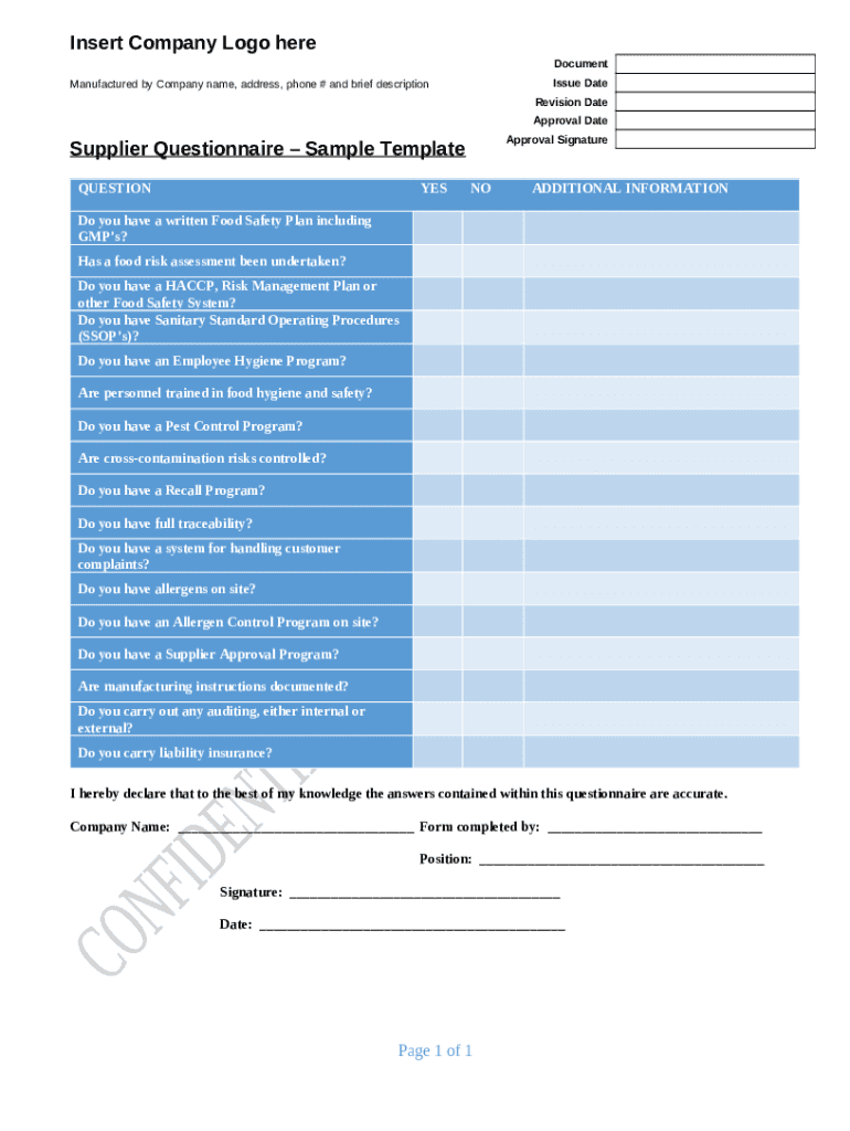 Supplier QuestionnaireSample Template Doc Template | pdfFiller