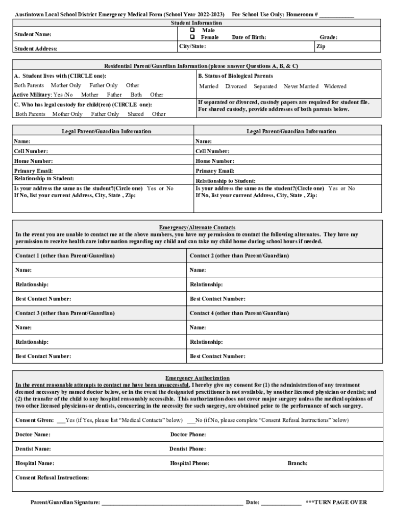 Fillable Online Austintown Local School District Emergency Medical Form (School ... Fax Email ...