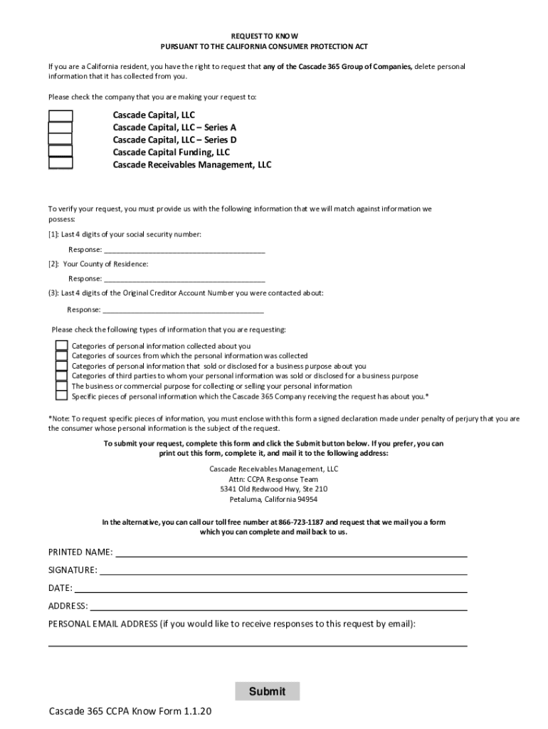 Fillable Online Cascade 365 CCPA Know Form 1.1.20 Submit Fax Email ...