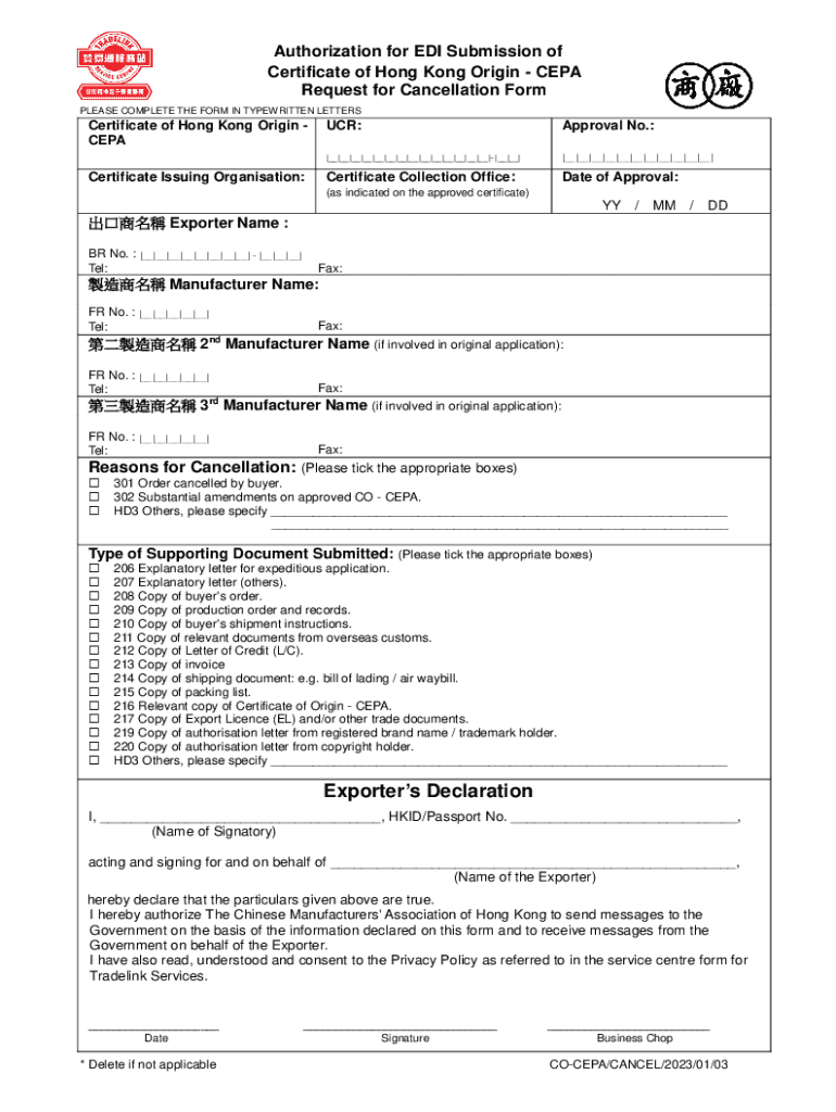 Fillable Online Certificate of Origin-Mainland and Hong Kong Closer ...