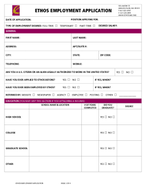 Fillable Online ETHOS EMPLOYMENT APPLICATION - ethocare.org Fax Email ...