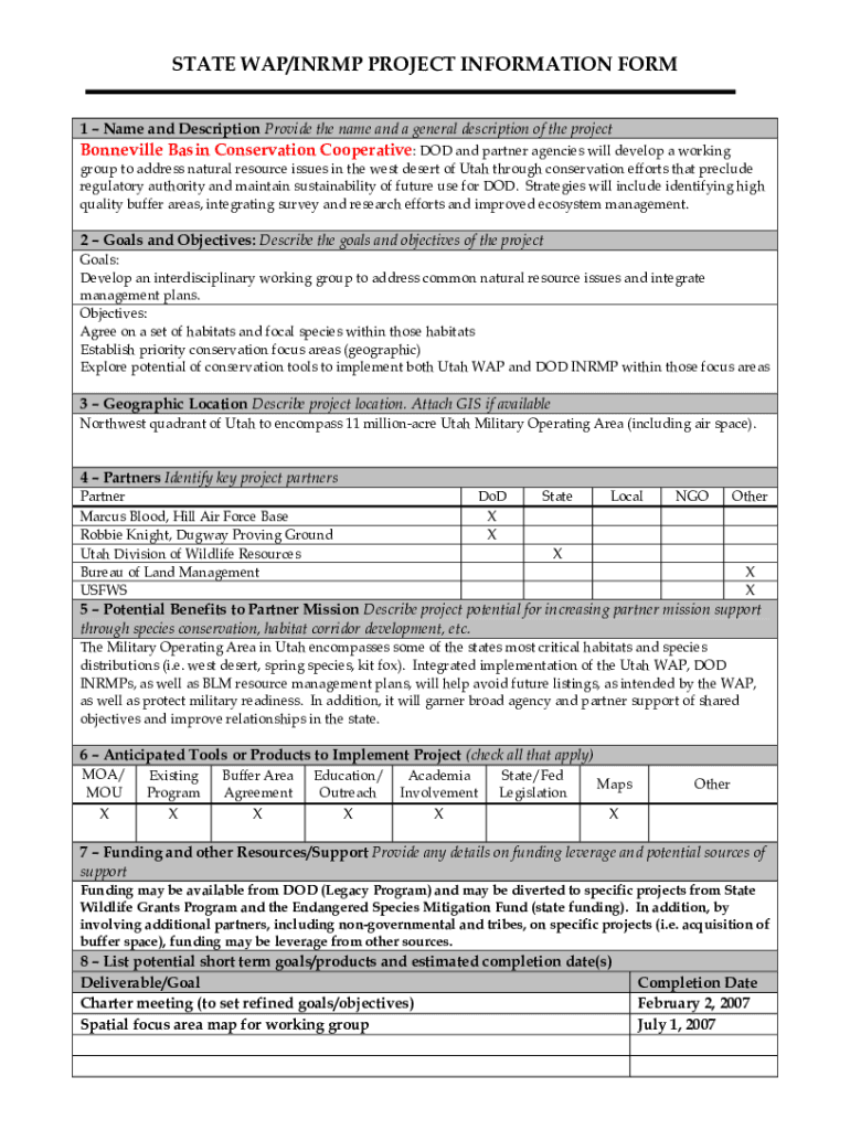 Fillable Online STATE WAP/INRMP PROJECT INFORMATION FORM Fax Email ...