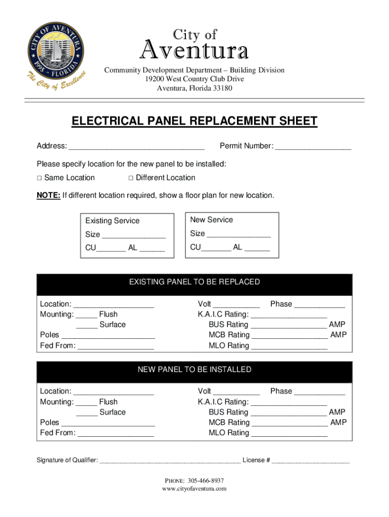 Fillable Online Electrical Panel Replacement Sheet - City of Aventura ...