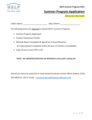 Fillable Online Summer Program Application - HELP Foundation, Inc. Fax ...