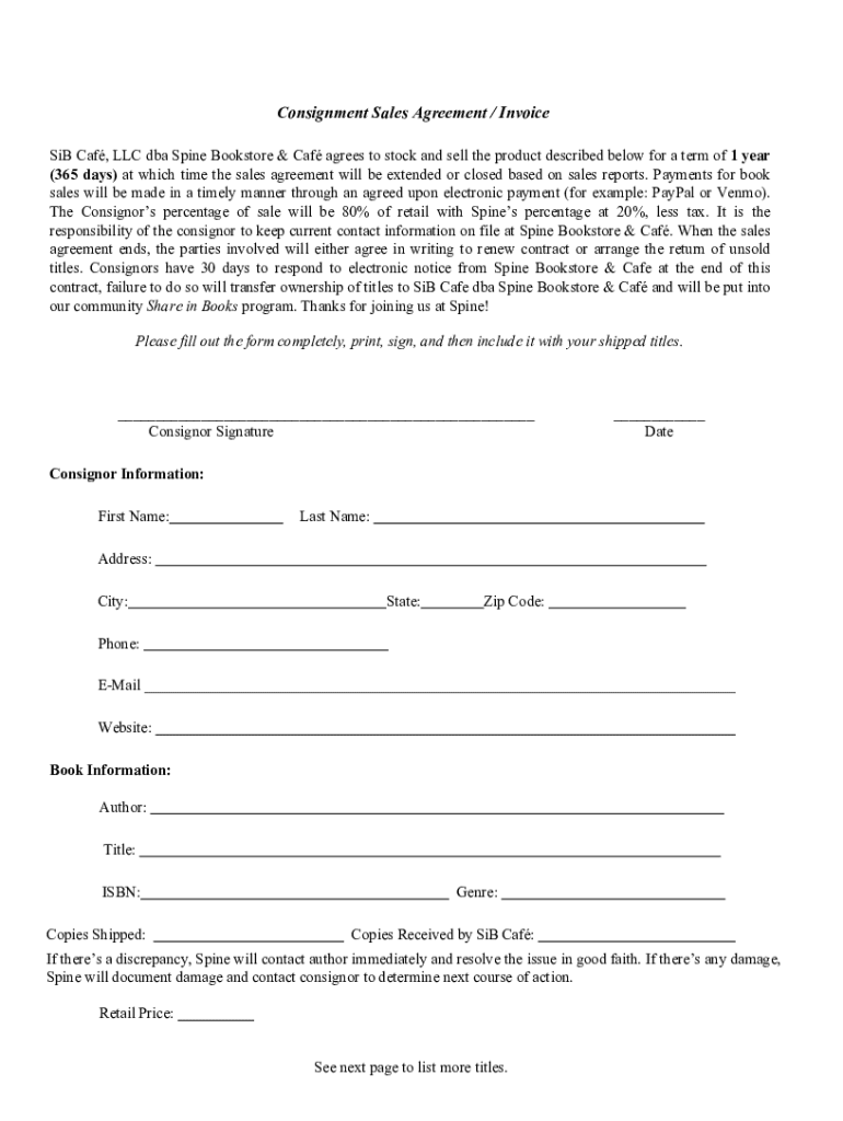 Fillable Online Consignment Sales Agreement / Invoice Fax Email Print ...