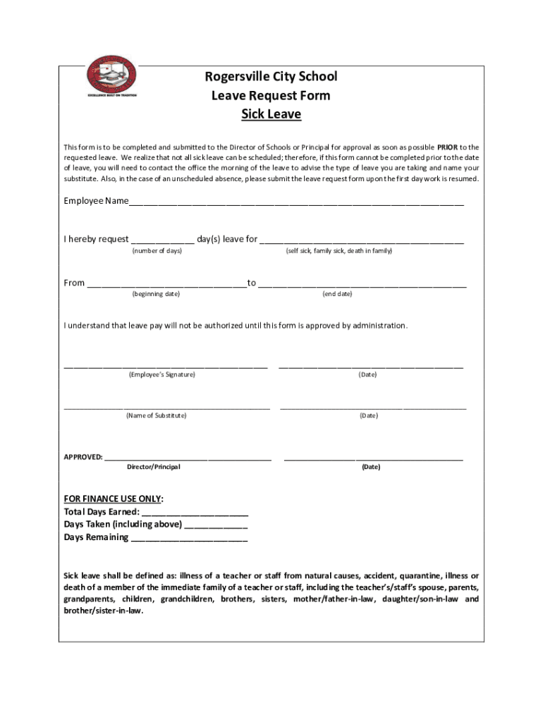 Fillable Online Rogersville City School Leave Request Form Sick Leave ...