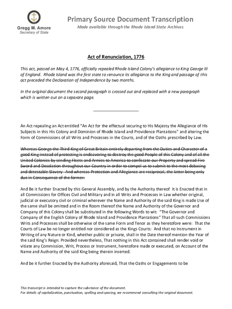 Fillable Online Act of Renunciation, May 4, 1776 - Rhode Island State ...